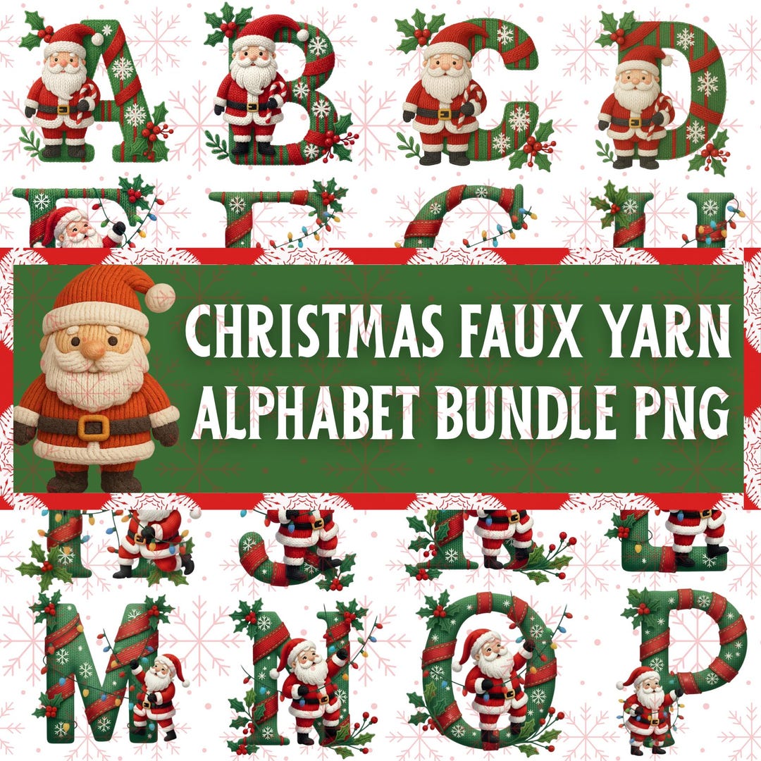 Santa Christmas Alphabet PNG Set A–Z – Red & Green Faux Yarn Crochet ...
