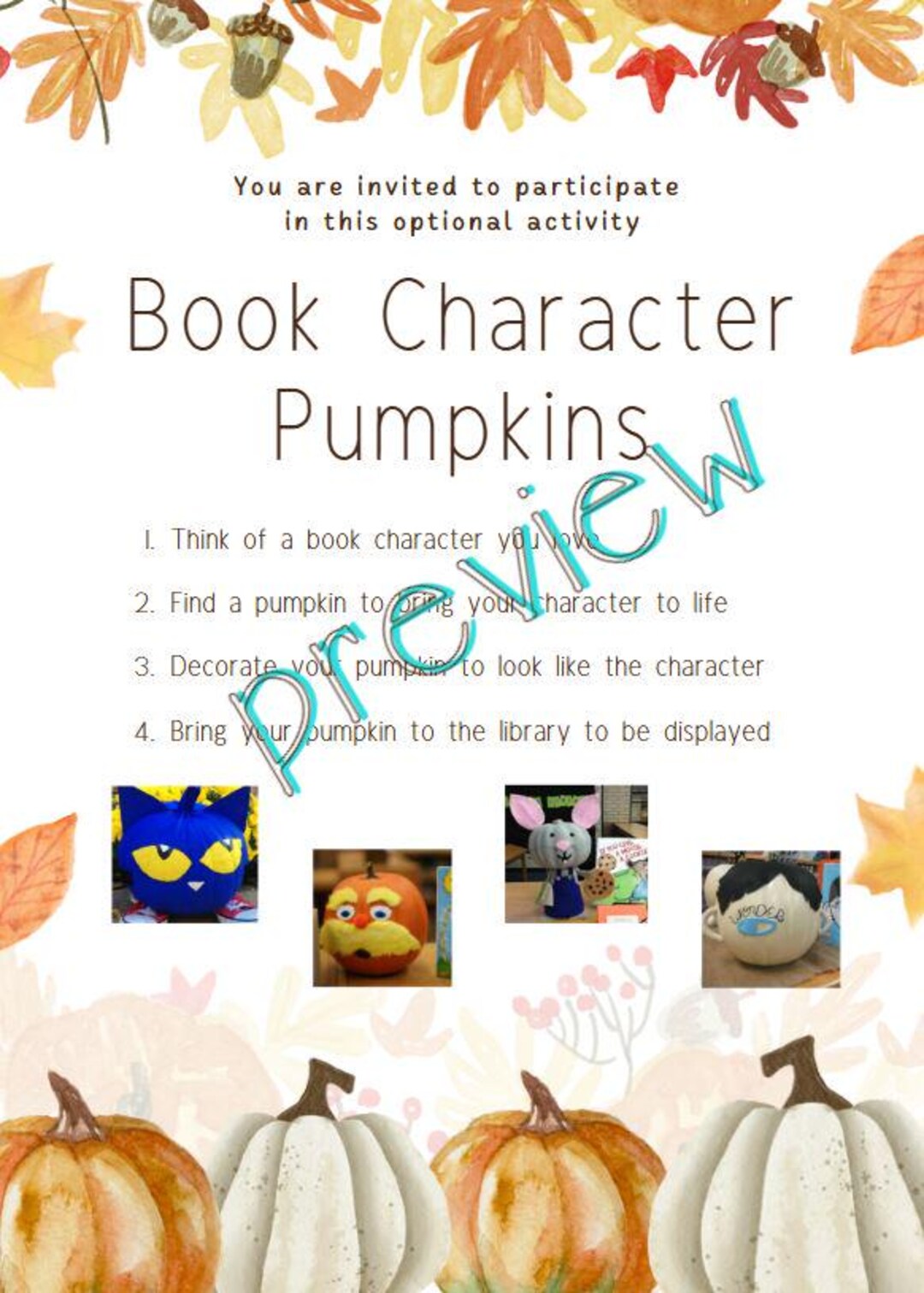 Book Character Pumpkins, Library, October, Fall, Literacy, School ...
