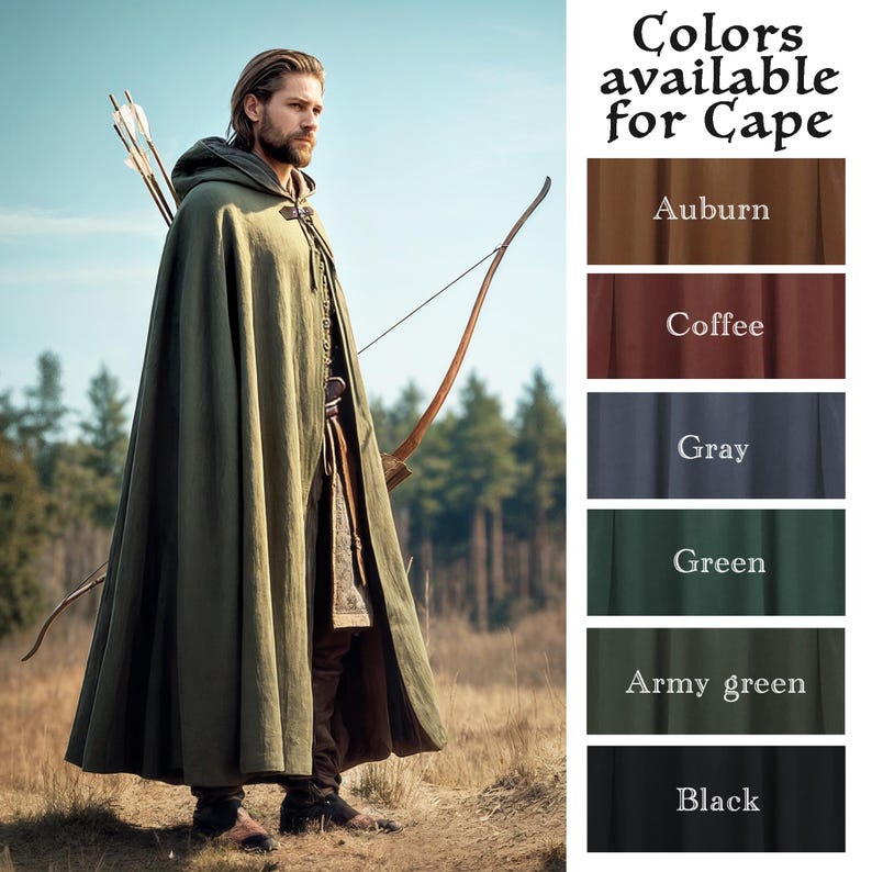 Medieval Ranger Full Outfit - Hooded Cape Cloak, Knight Shirt Tunic & Pants Trousers of Linen ...