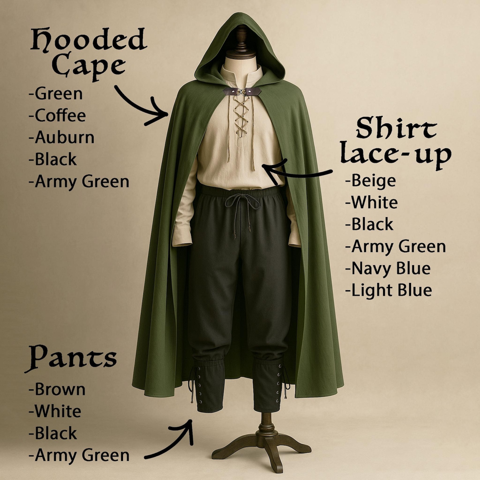 Medieval Men Clothes - Hooded Cape Cloak, Lae-up Shirt Tunic, Pants ...