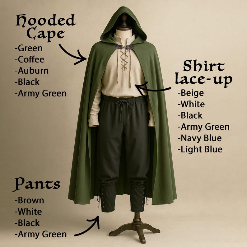Medieval Ranger Full Outfit - Hooded Cape Cloak, Knight Shirt Tunic ...