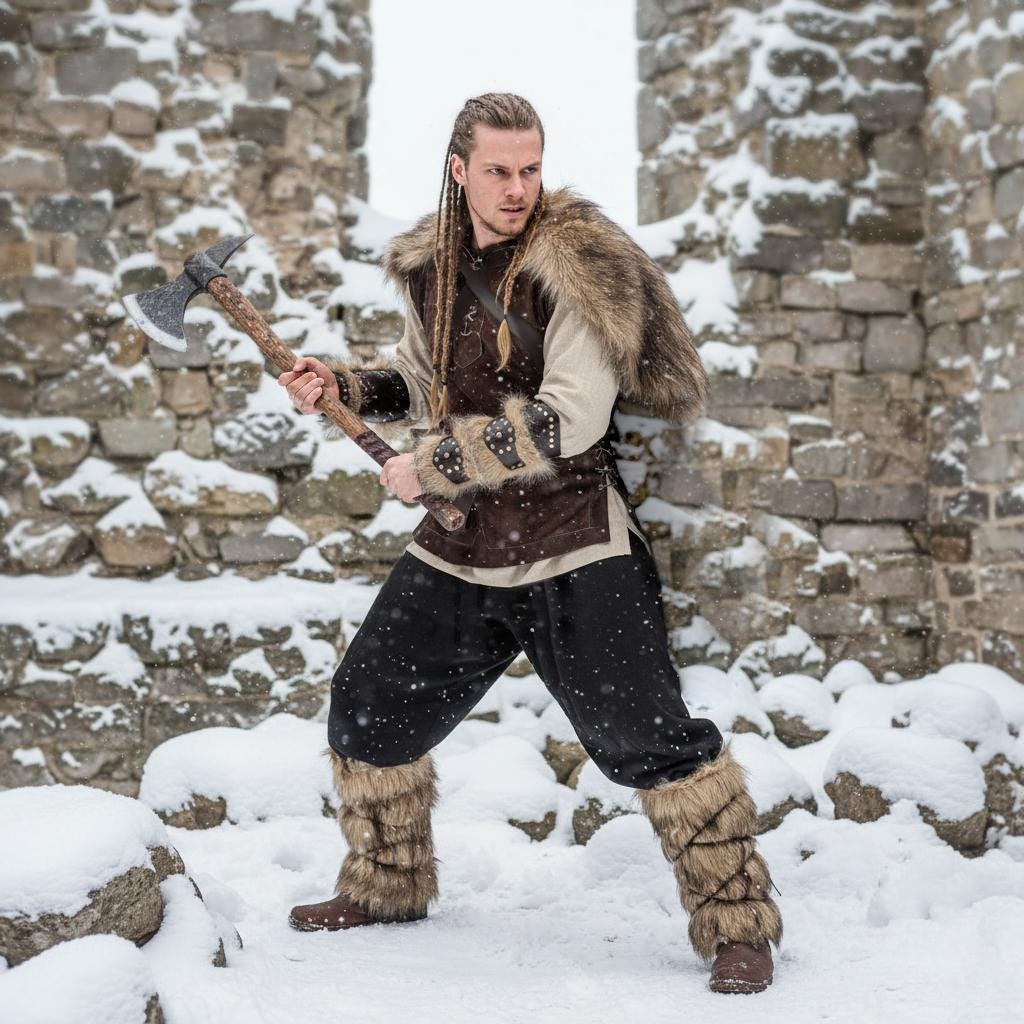 Medieval Barbarian Full Costume: Faux Fur Shoulder Mantle Cape, Bracers ...