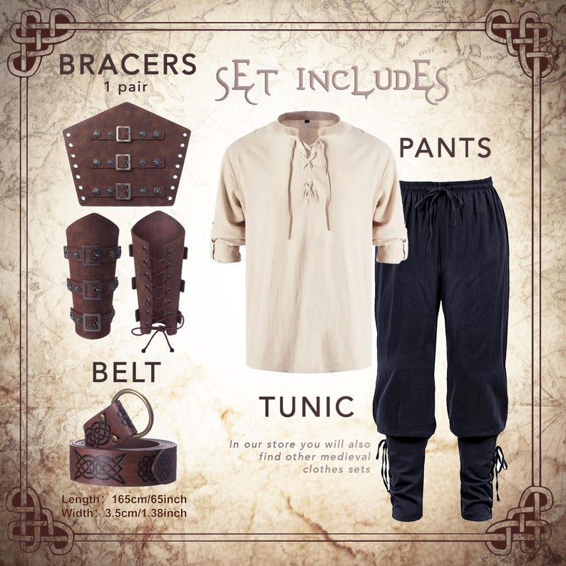Medieval Viking Men Outfit - Knight Shirt Tunic, Ranger Pants Trousers ...