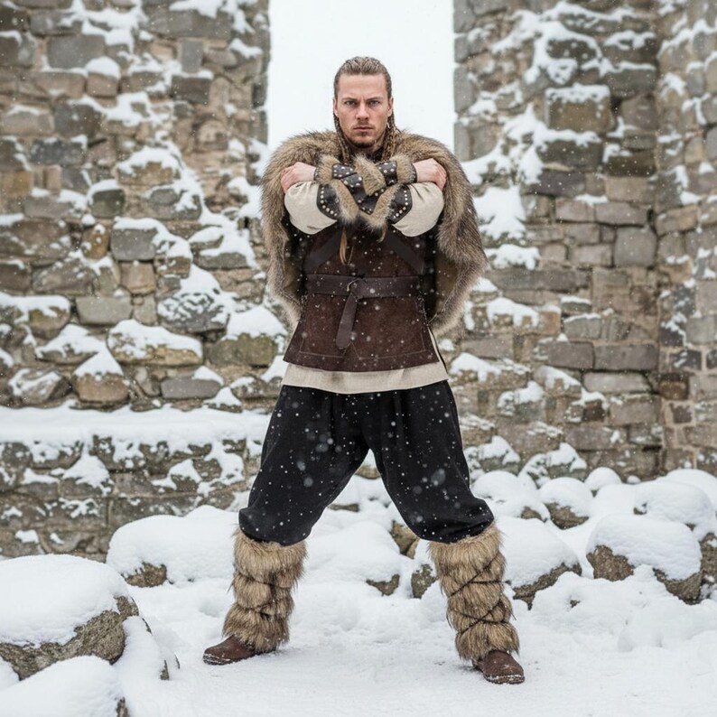 Medieval Barbarian Full Costume: Faux Fur Shoulder Mantle Cape, Bracers ...