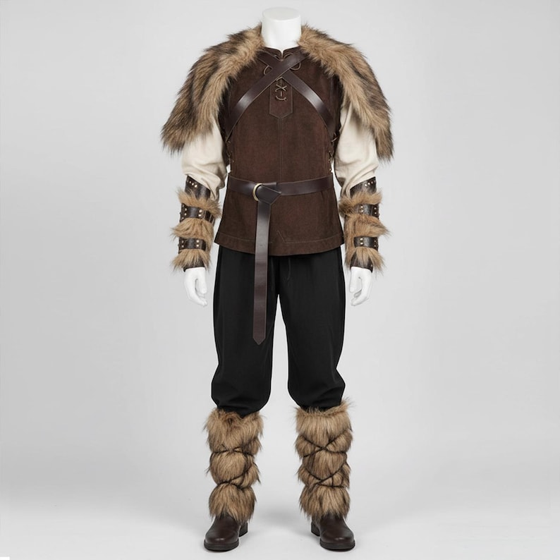 Medieval Barbarian Full Costume: Faux Fur Shoulder Mantle Cape, Bracers ...
