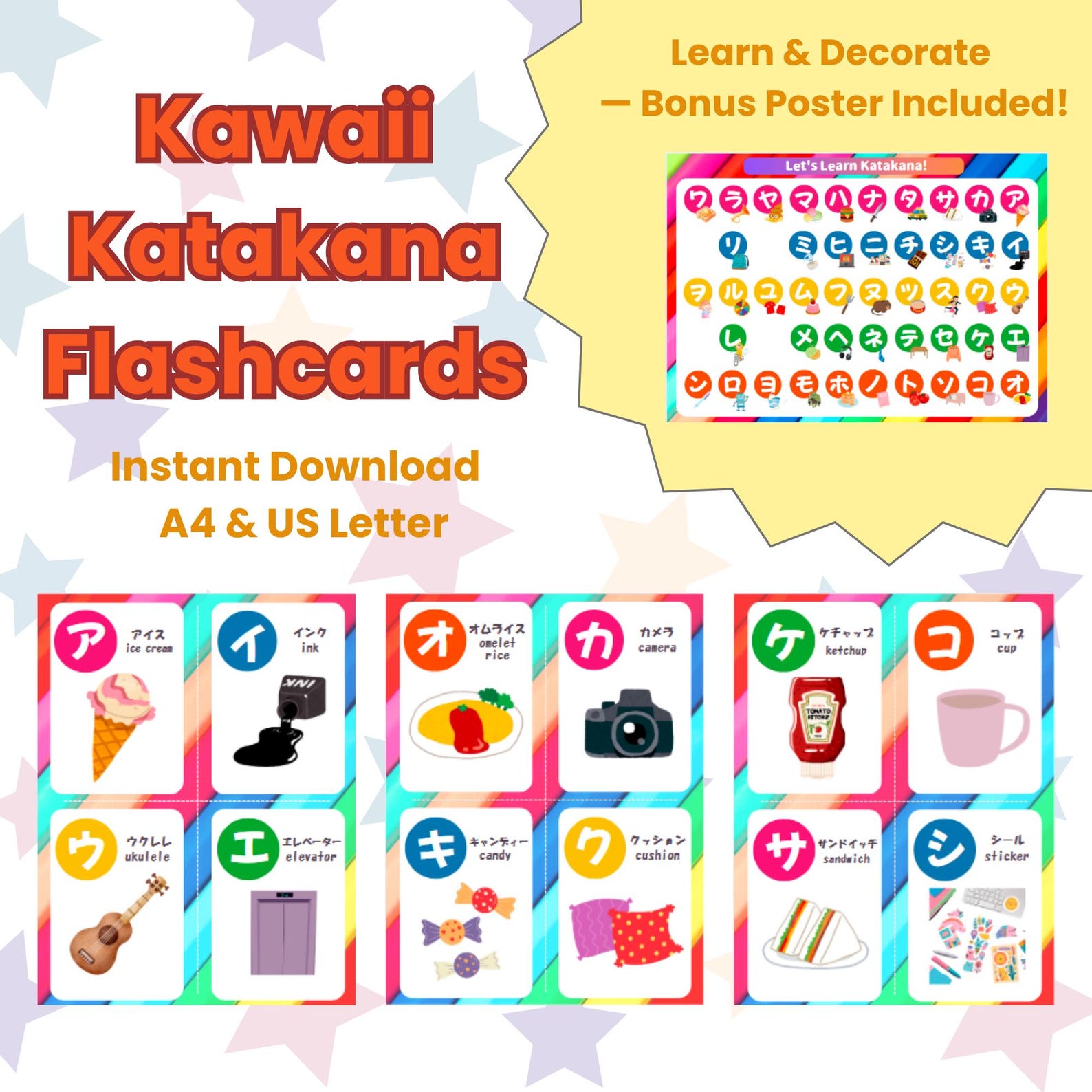 Printable Katakana Flashcards + Chart | A4 / US Letter / A3 | Japanese ...