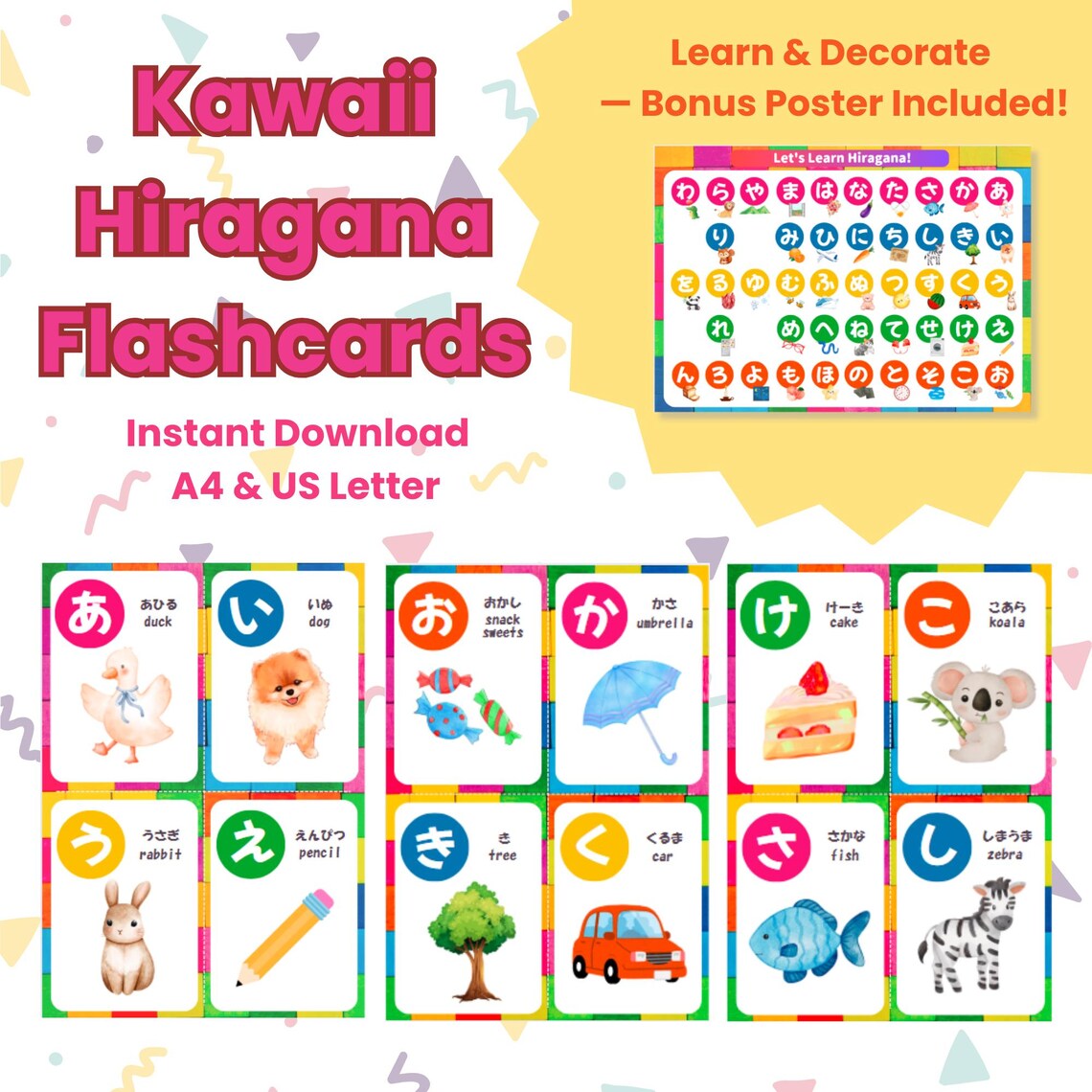 Printable Hiragana Flashcards + Chart | A4 US Letter PDF | Japanese ...