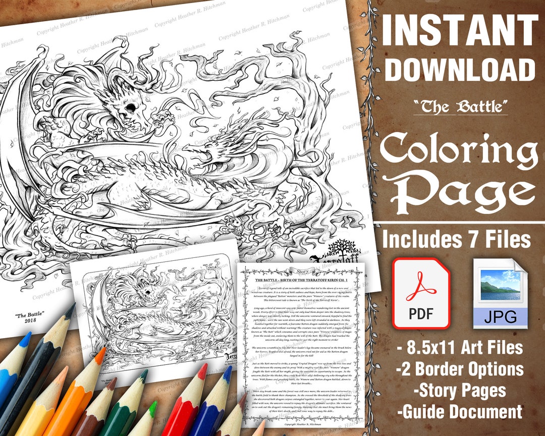 The Battle Coloring Page Download | Dragon Fight | Instant Download ...