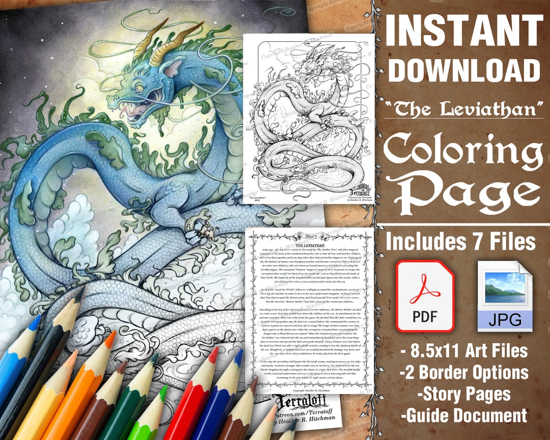 Leviathan Coloring Page Download | Spooky Water Dragon | Instant ...