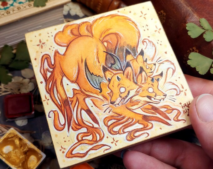 Original 3x3 Painting: "rotten Kitsune" -watercolor & Charcoal Fox ...