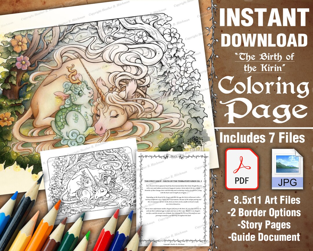 First Kirin Coloring Page Download | Unicorn With Baby Kirin | Instant ...