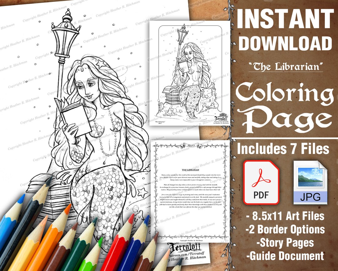 The Librarian Coloring Page Download | Book Lover Mermaid | Instant ...