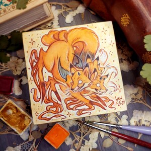 Original 3x3 Painting: rotten Kitsune watercolor & Charcoal Fox Mounted ...