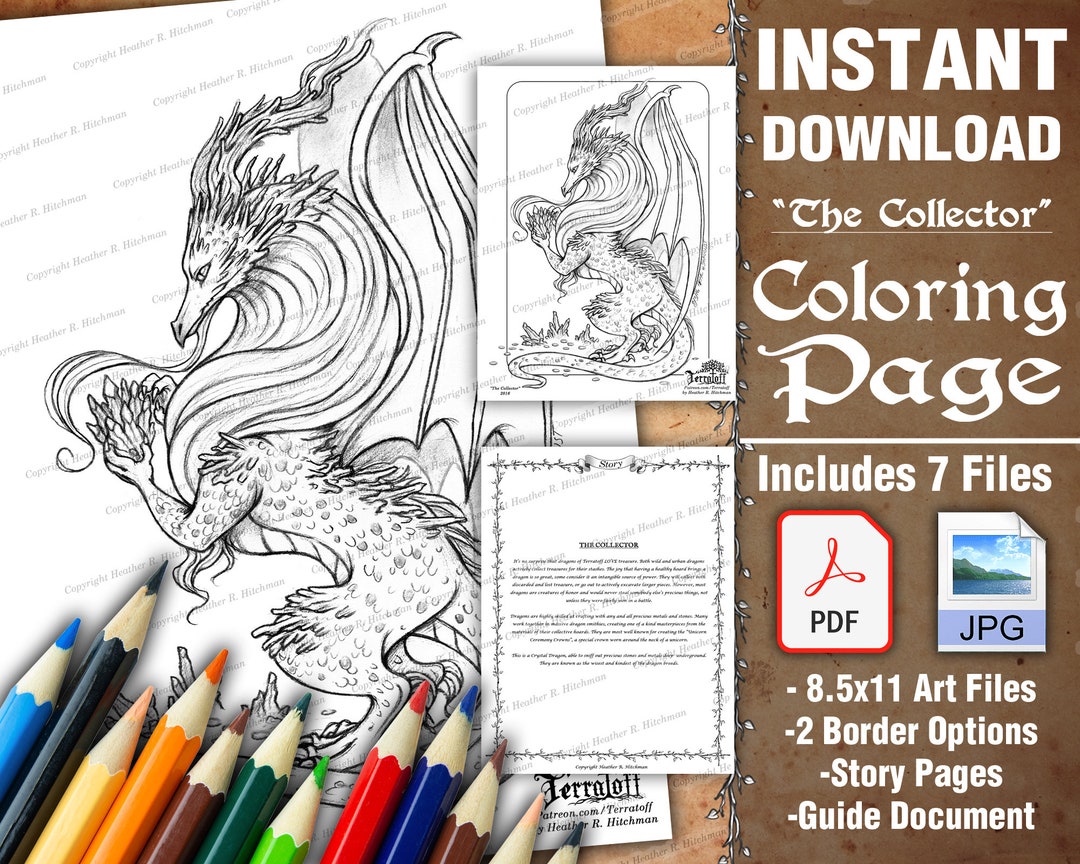 The Collector Coloring Page Download | Adult Crystal Dragon | Instant ...