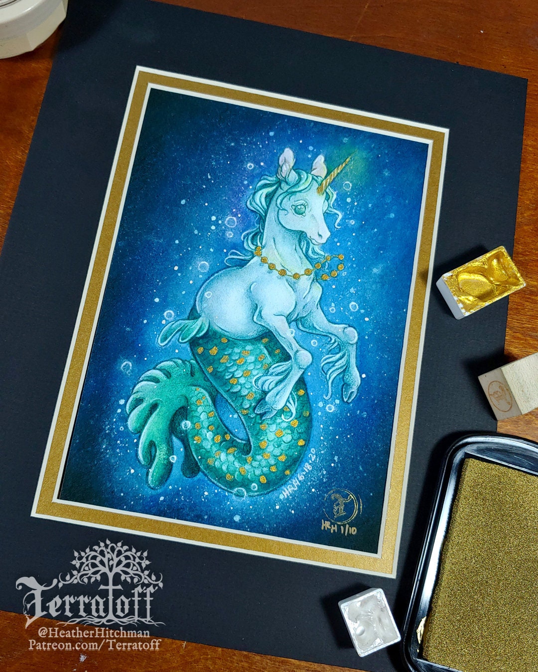 Giclee Unicorn Print: Young Mermacorn - Limited Edition - Gold Water ...