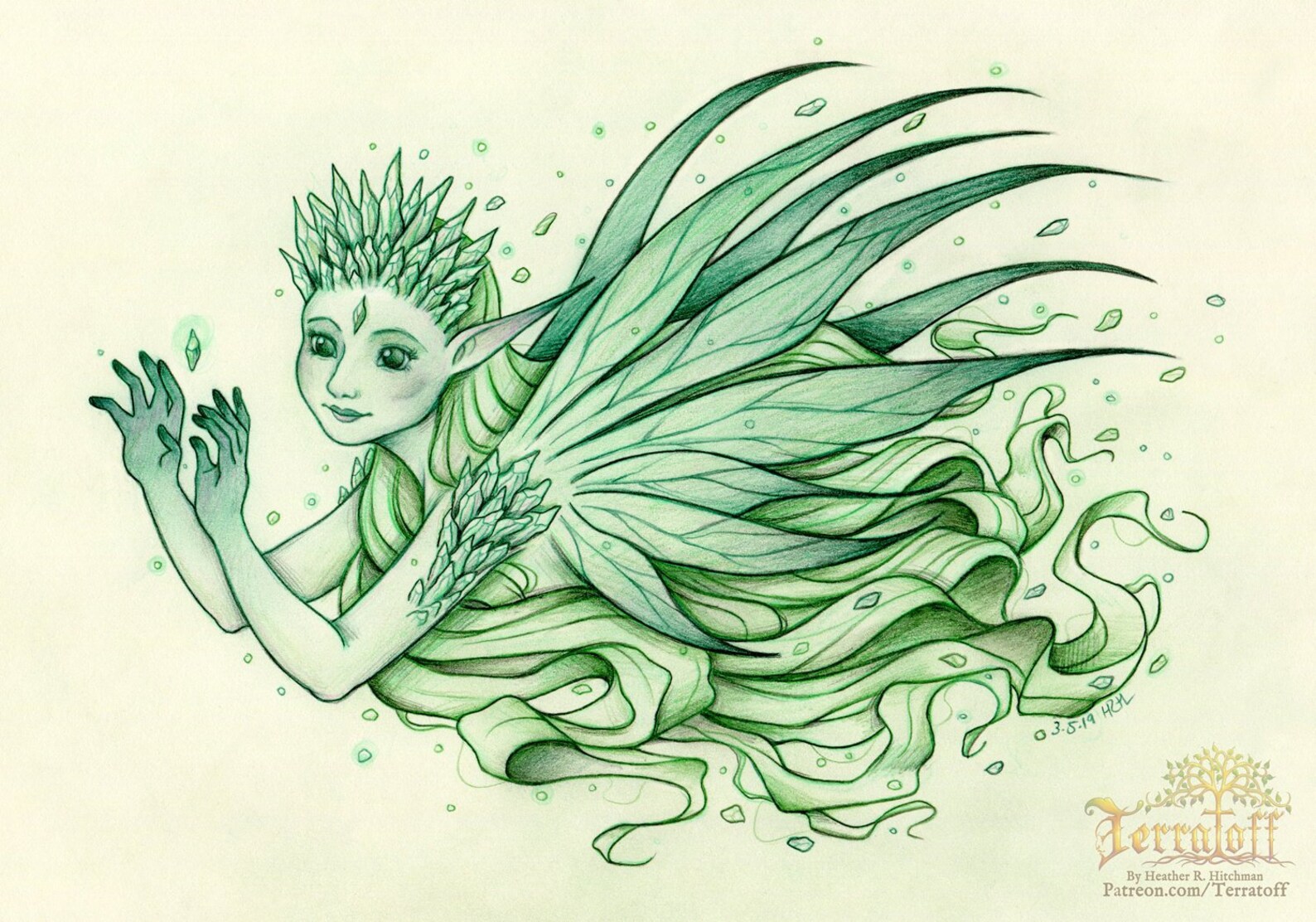 Original Drawing: Emerald Seelie Fae - Colored Pencil Graphite Faerie ...