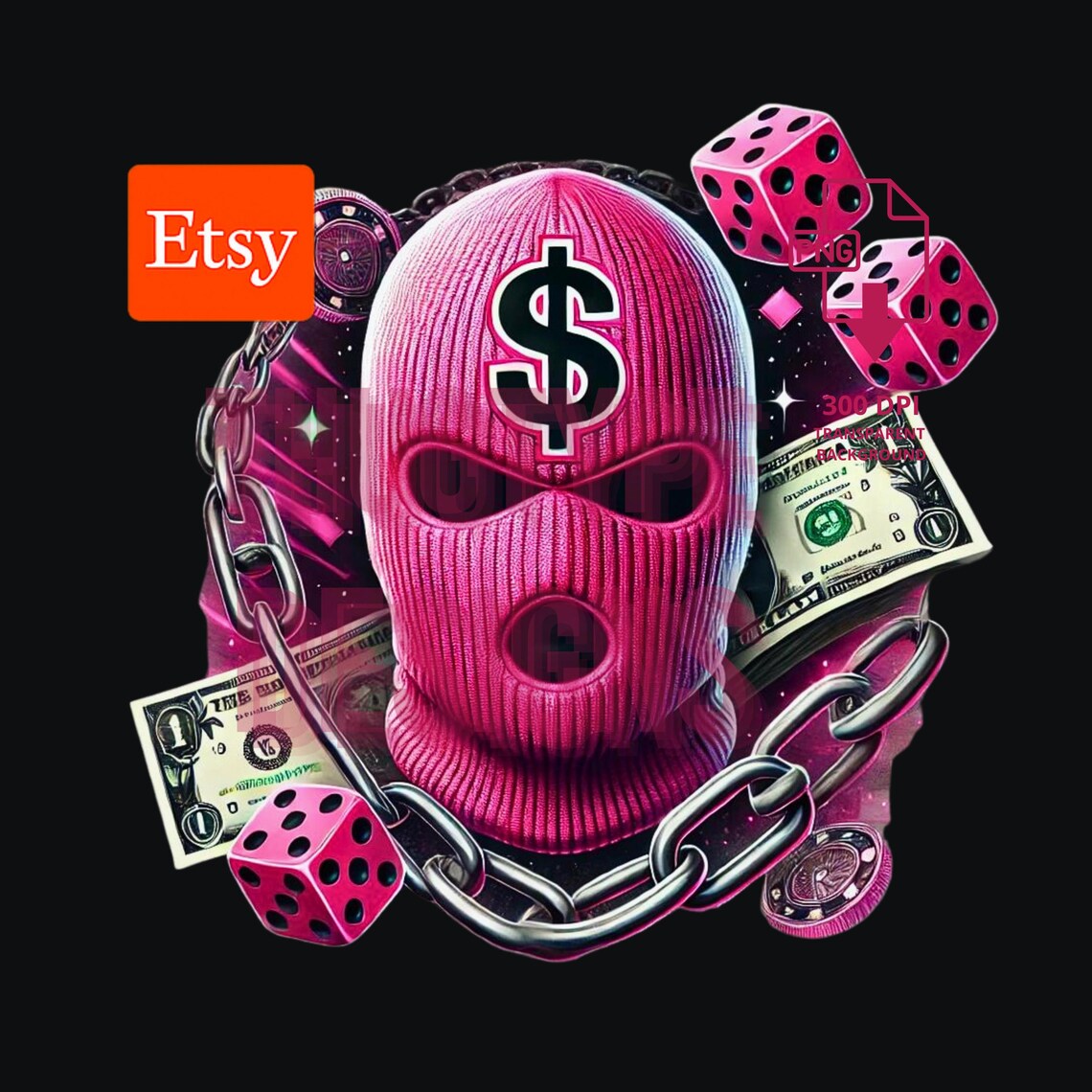Pink Gangsta Ski Mask Chains and Dices Themed PNG - Streetwear Png ...
