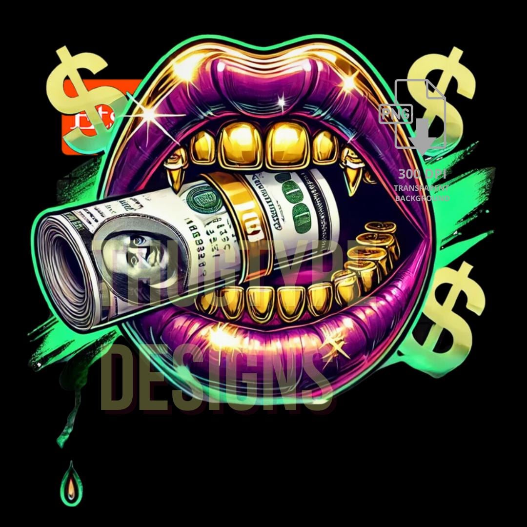 Money Talk Female Lips Png, Money & Gold Themed Retro Sublimation ...
