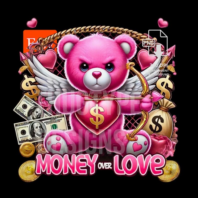 Money Over Love Cupid Pink Teddy Bear Png, Money Themed Retro Valentine ...