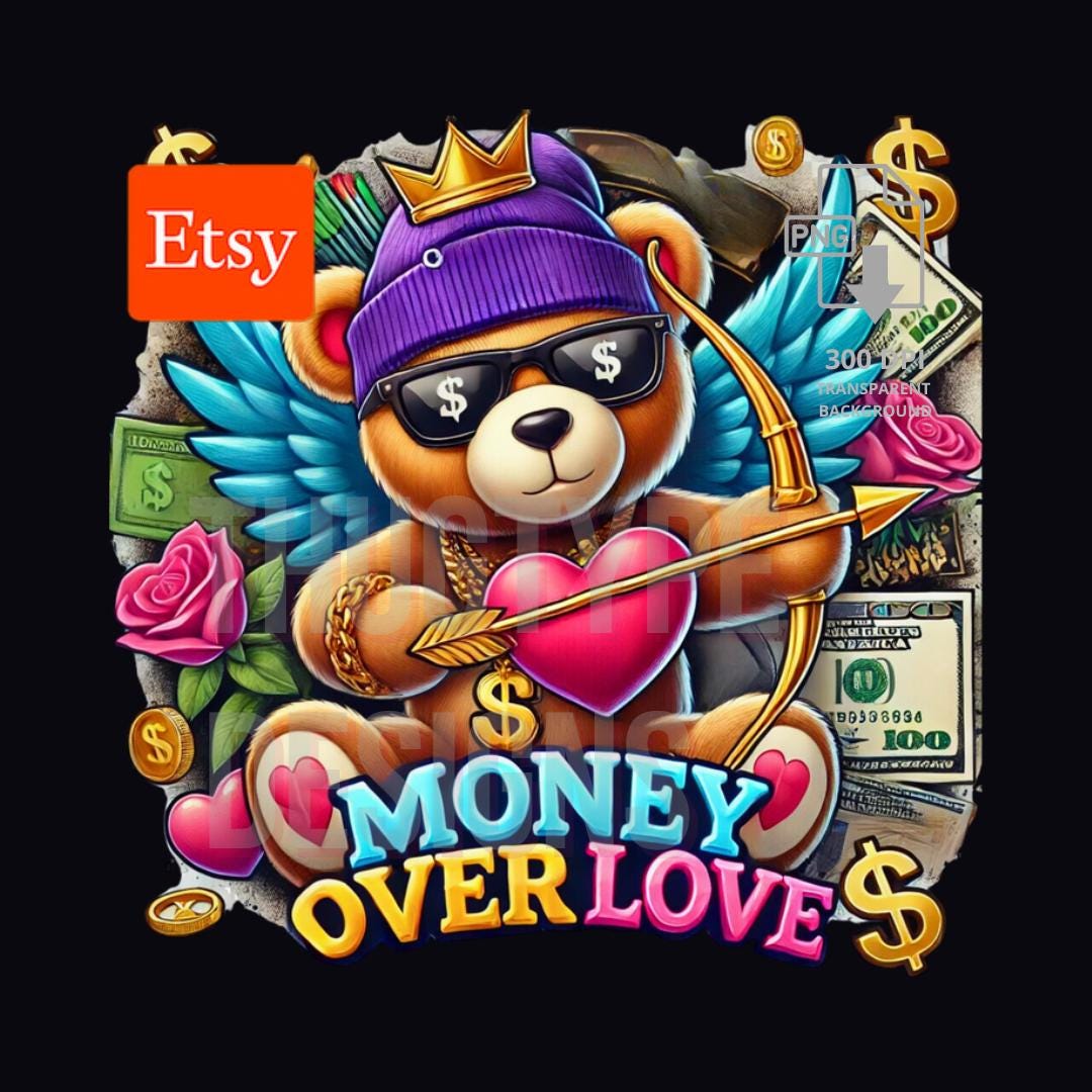 Money Over Love Cupid Teddy Bear Png, Money Themed Retro Valentine PNG ...