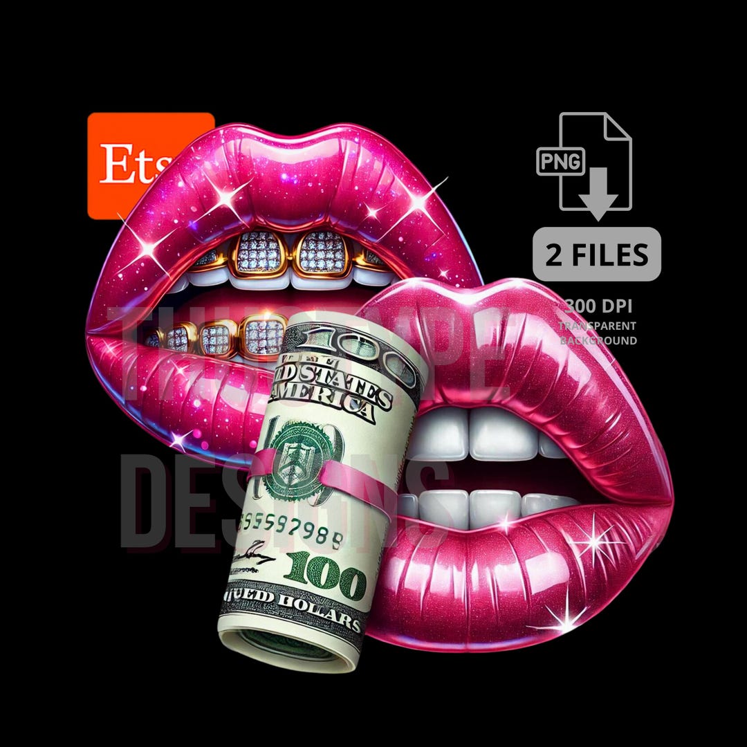 Glossy Pink Lips With Sparkling Grillz Glam Money Lips Bundle 2 Pngs ...