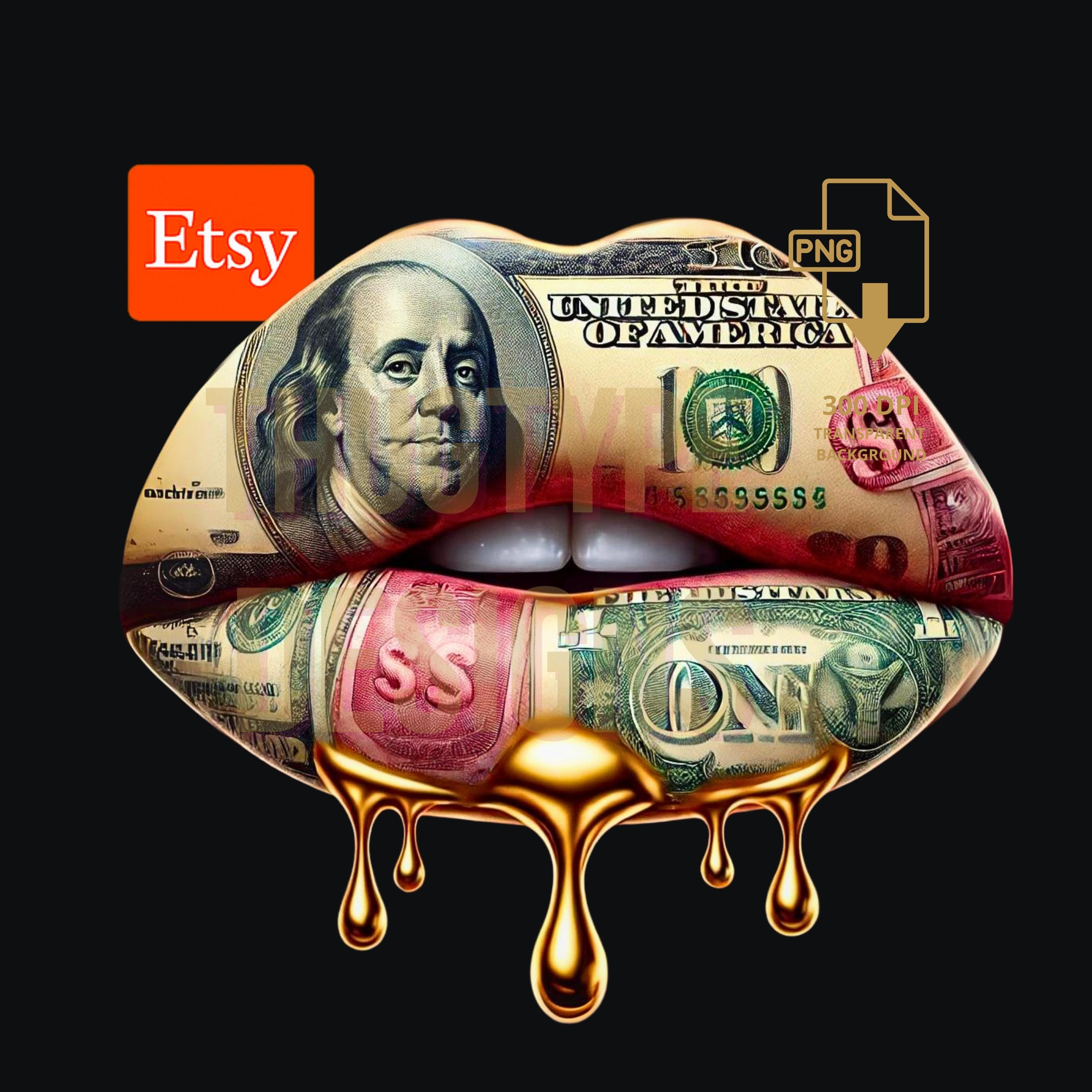 Dripping Money Themed Golden Female Lips Png, Retro Sublimation Design ...