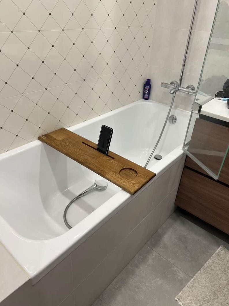 Handcrafted Bathtub Tray, Oak Bath Shelf , Multifunctional Wooden ...