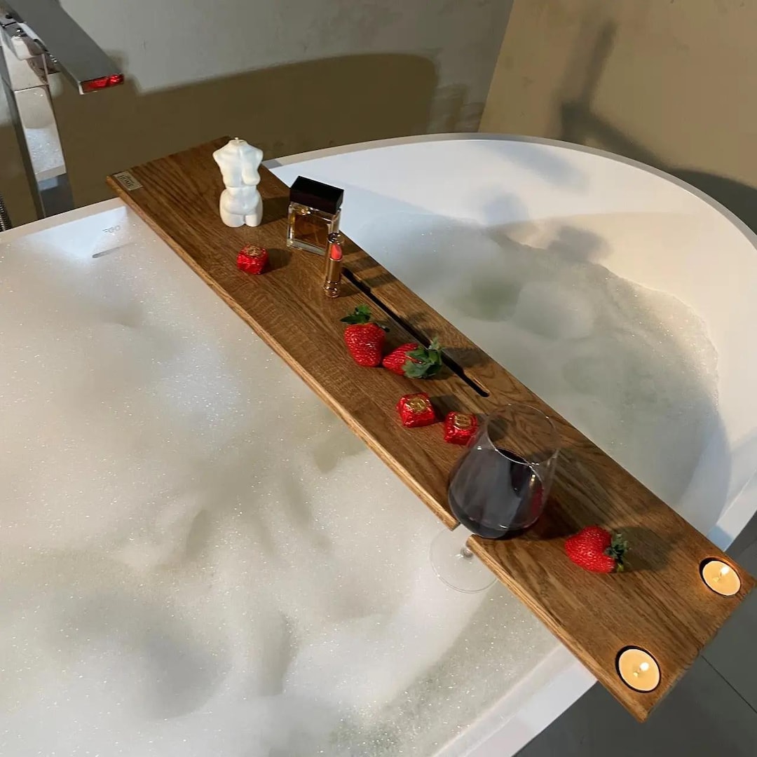 Wooden Bathtub Tray, Oak Bath Caddy for Tub, Natural Wood Bath Shelf ...