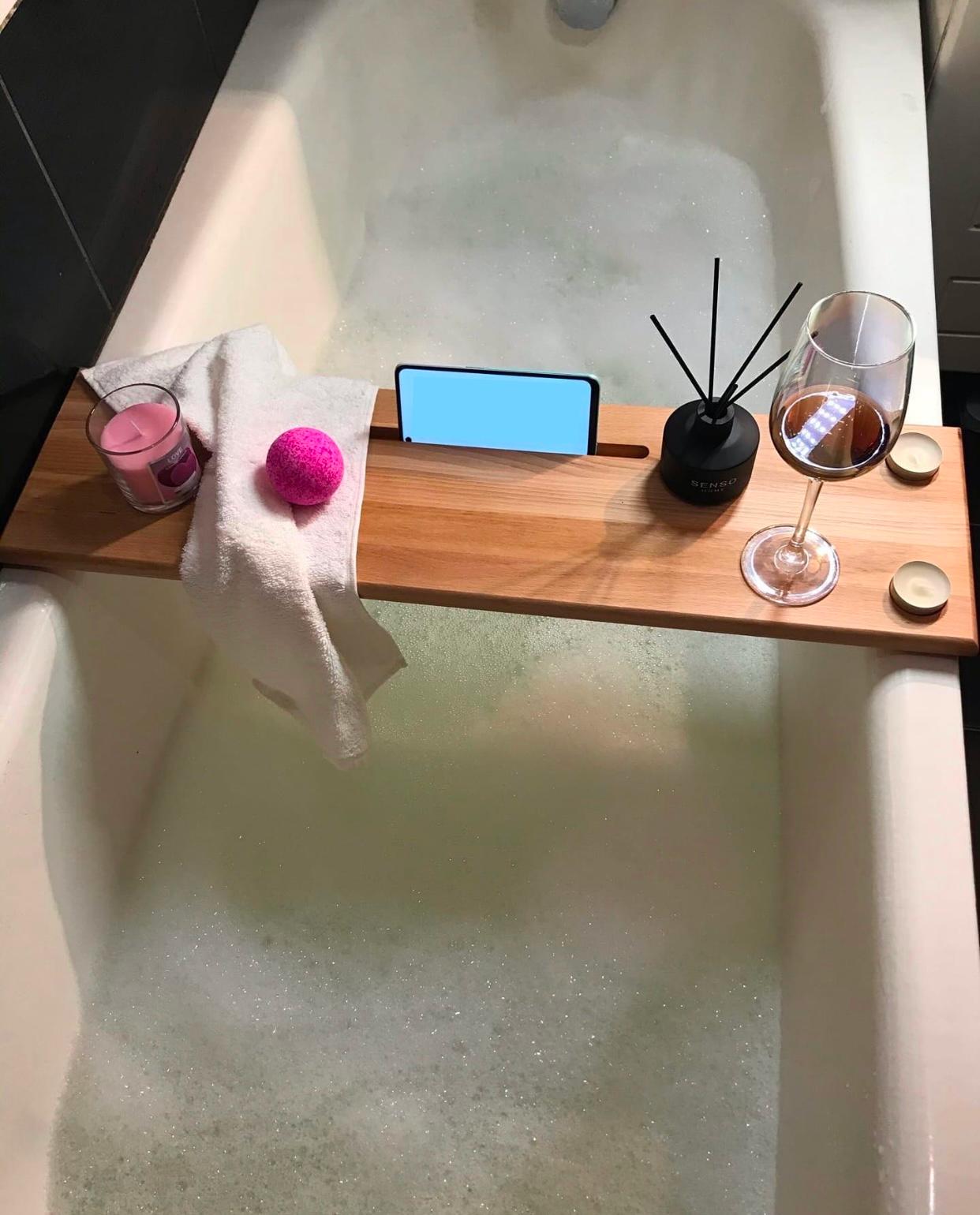 Handcrafted Wooden Bath Shelf, Beech Bathtub Tray, Multifunctional ...