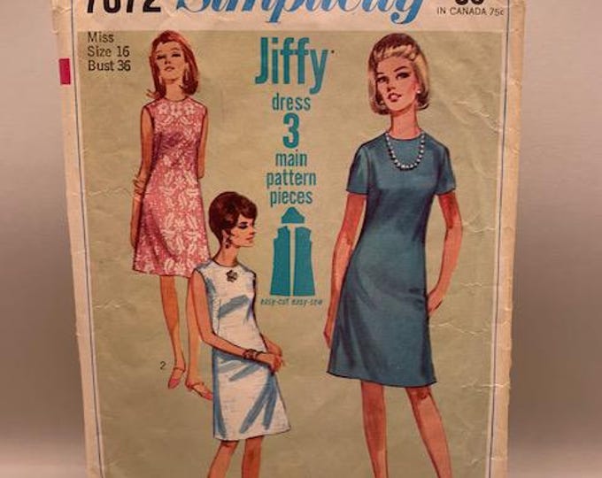 Vintage 1967 Simplicity 7072 Jiffy Dress Pattern - Size 16, Bust 36 ...