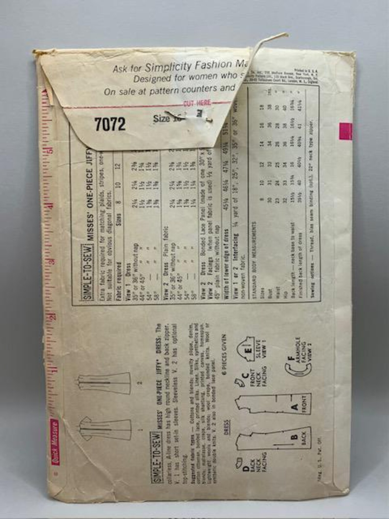 Vintage 1967 Simplicity 7072 Jiffy Dress Pattern - Size 16, Bust 36 ...