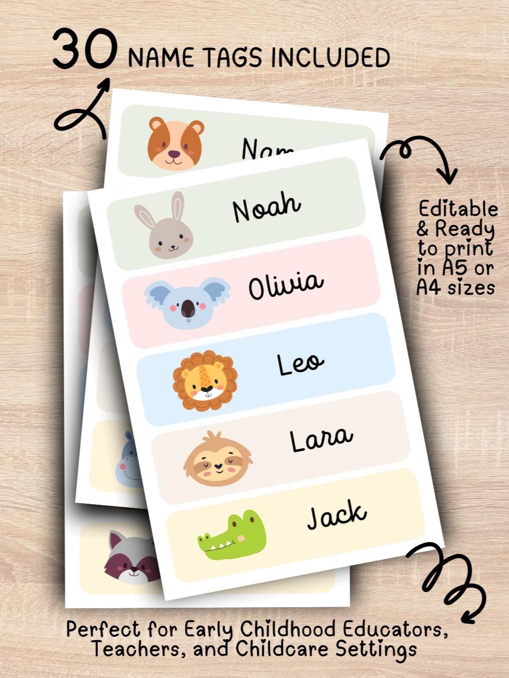 30 Cute Animal Name Tags for Preschool & Daycare – Editable Labels for ...