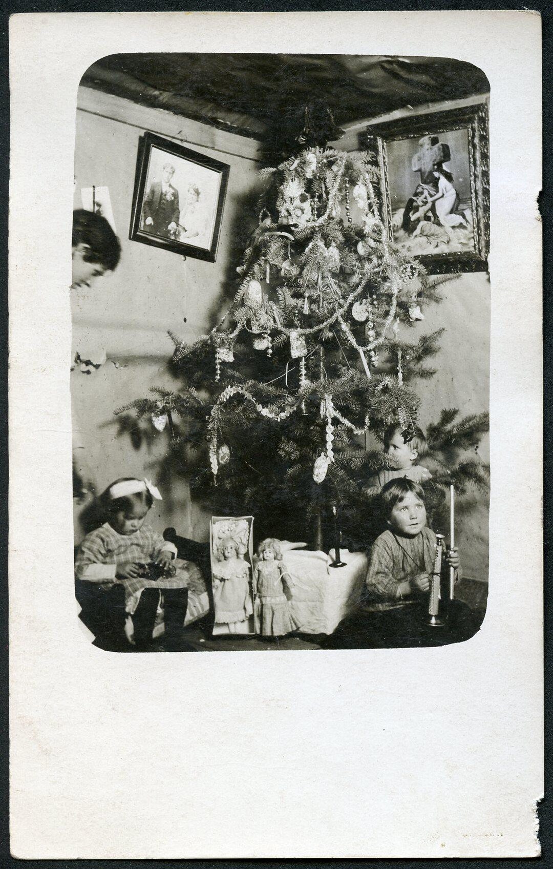 Early CHRISTMAS Tree With Children Sitting Under the Tree With NEW TOYS ...
