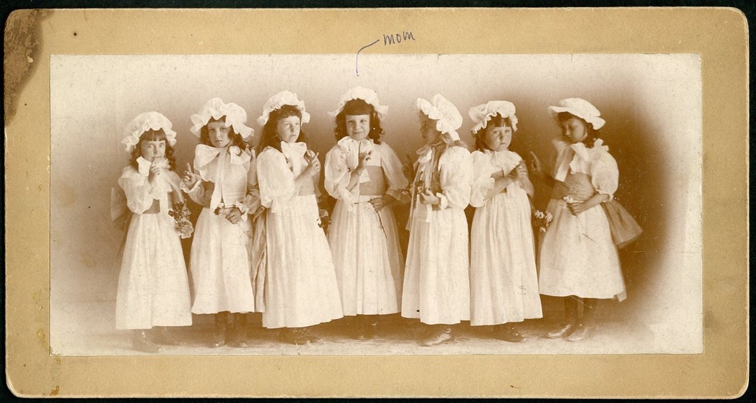 Seven Little Girls in WHITE BONNETS and GOWNS - Original Cabinet Photo ...