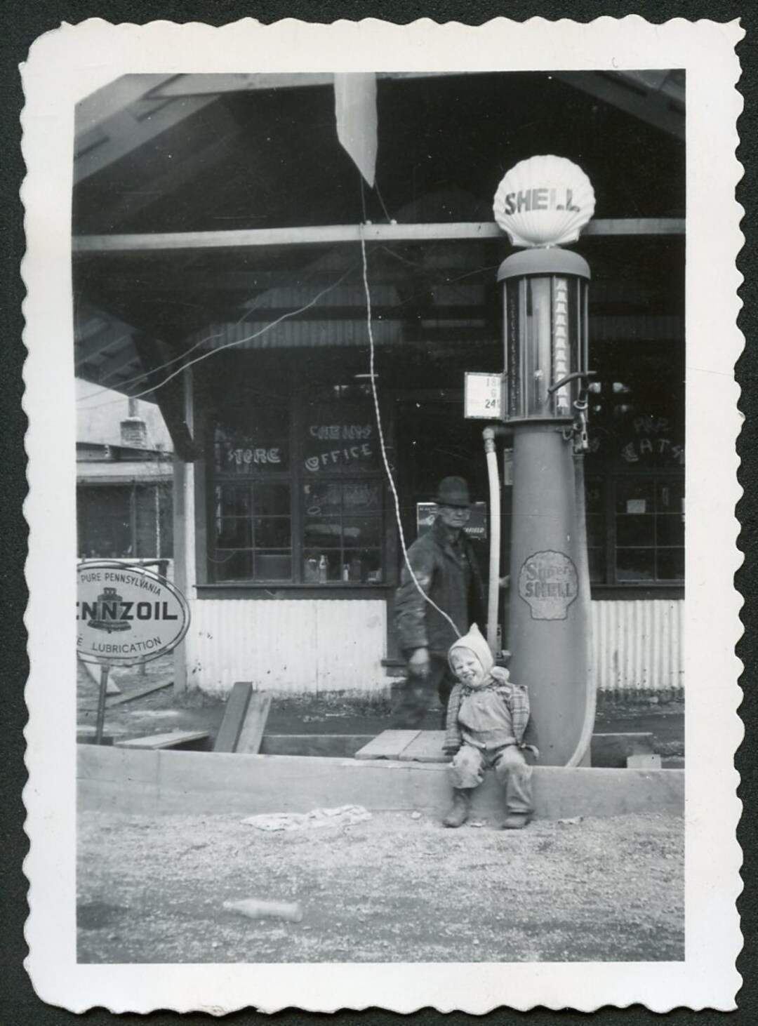 Child Sitting Next to Old SHELL GAS PUMP - 1940s Snapshot Photo - Etsy