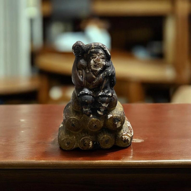 Rare Antique Japanese Coin Bank – Daikokuten & Ebisu Figurines – With ...