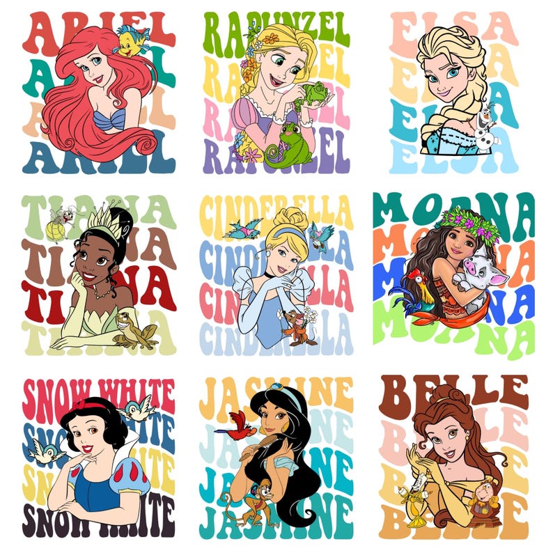 Princess Name PNG Bundle, Cute Cartoon Girl Characters With Colorful ...