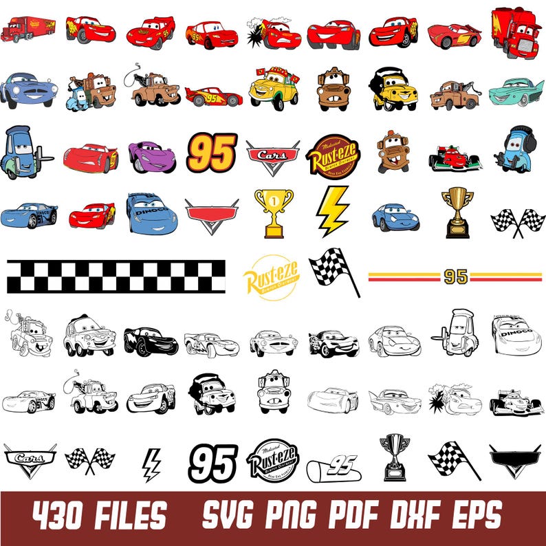 Cars SVG PNG Bundle, Lightning Mcqueen Clipart Set, Mater Tow Truck ...