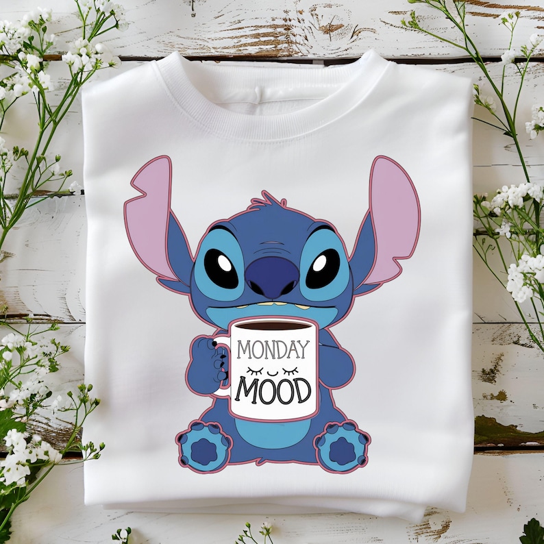 Stitch Monday Mood Coffee PNG, Sleepy Alien Cartoon Art, Funny Mug ...