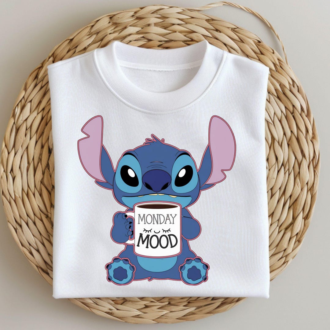 Stitch Monday Mood Coffee PNG, Sleepy Alien Cartoon Art, Funny Mug ...