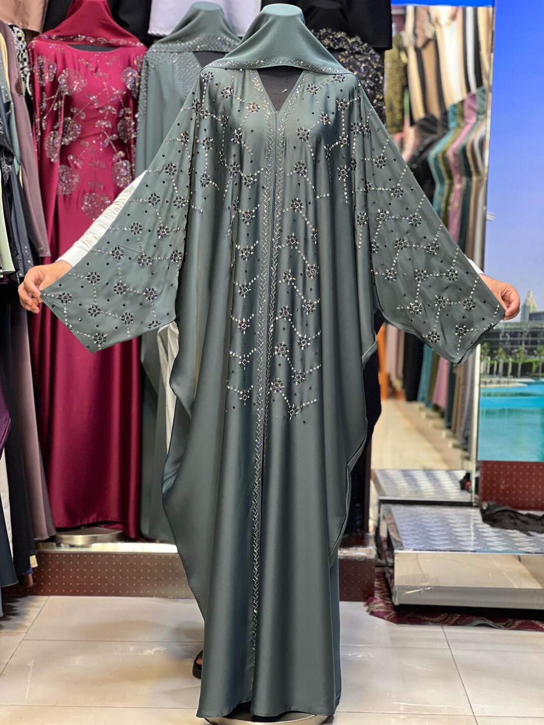 Elegant Green Abaya for Women – Luxury Dubai Style Caftan – Modest Long Dress With Embroidery ...