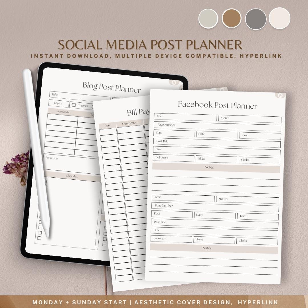 Digital Social Media Post Planner, Printable Content Calendar, Social ...