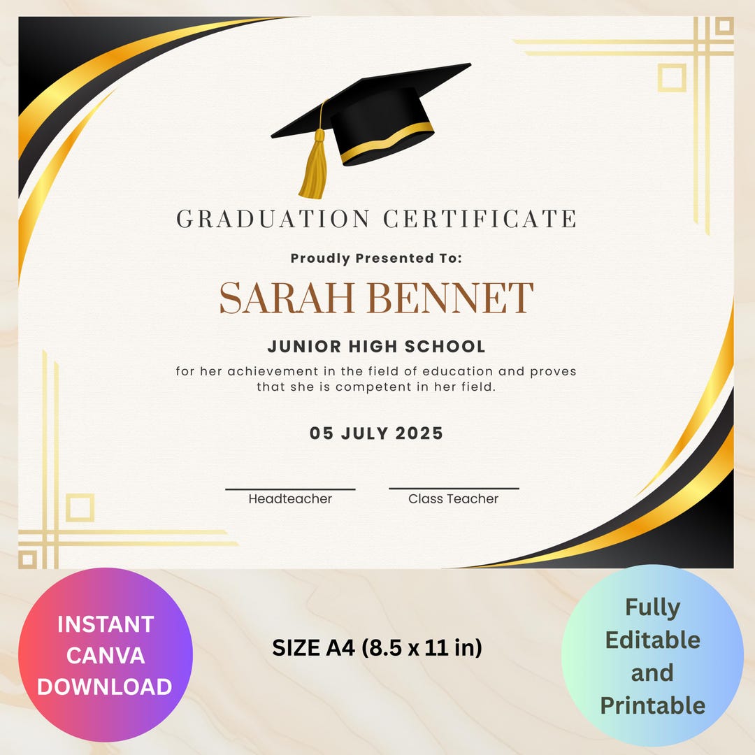 Graduation Certificate Template | Printable Graduation Award | Fully ...