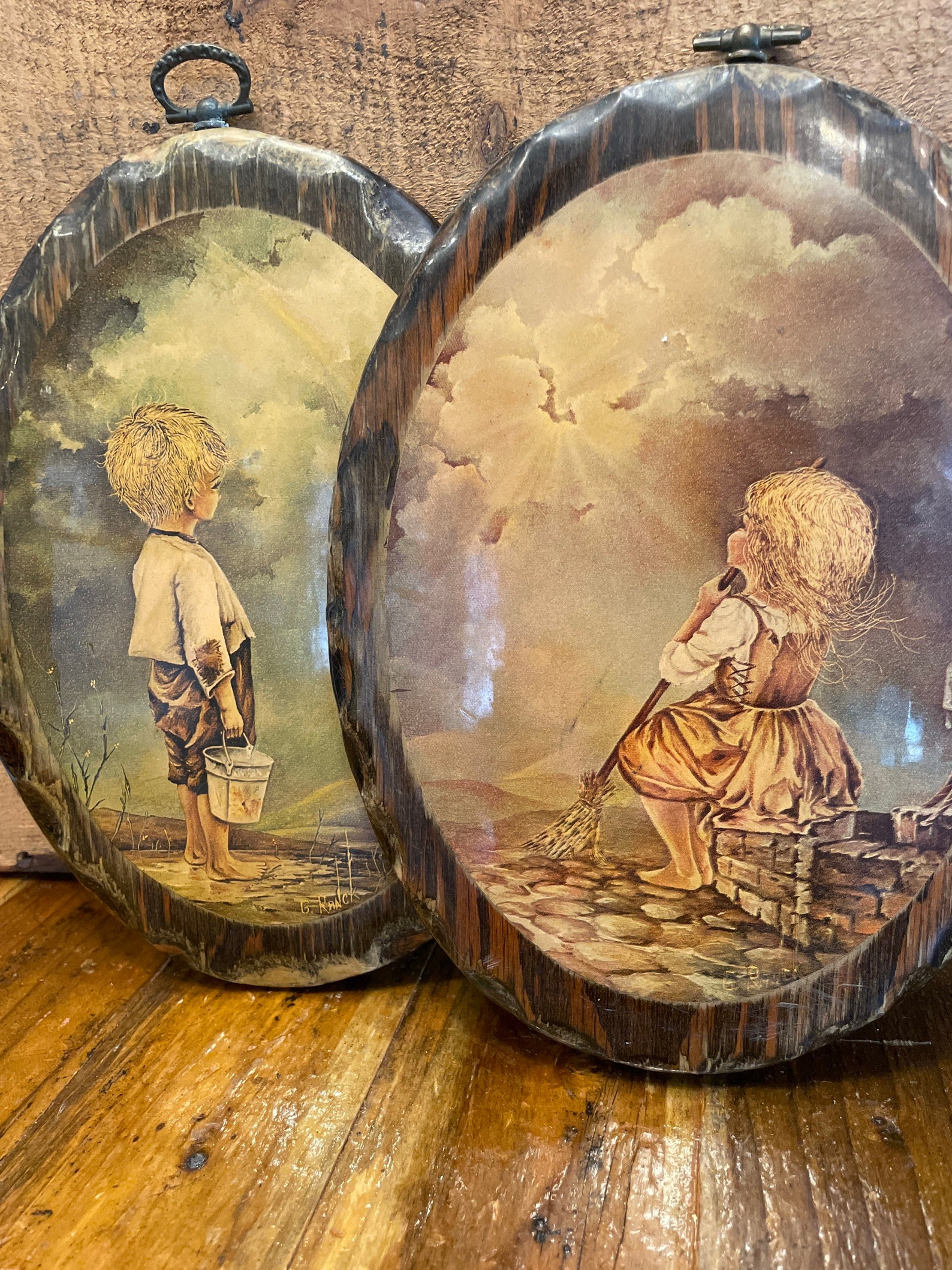Vintage Boy and Girl Wall Hangings Wood Rounds With Prints by Gloria G ...