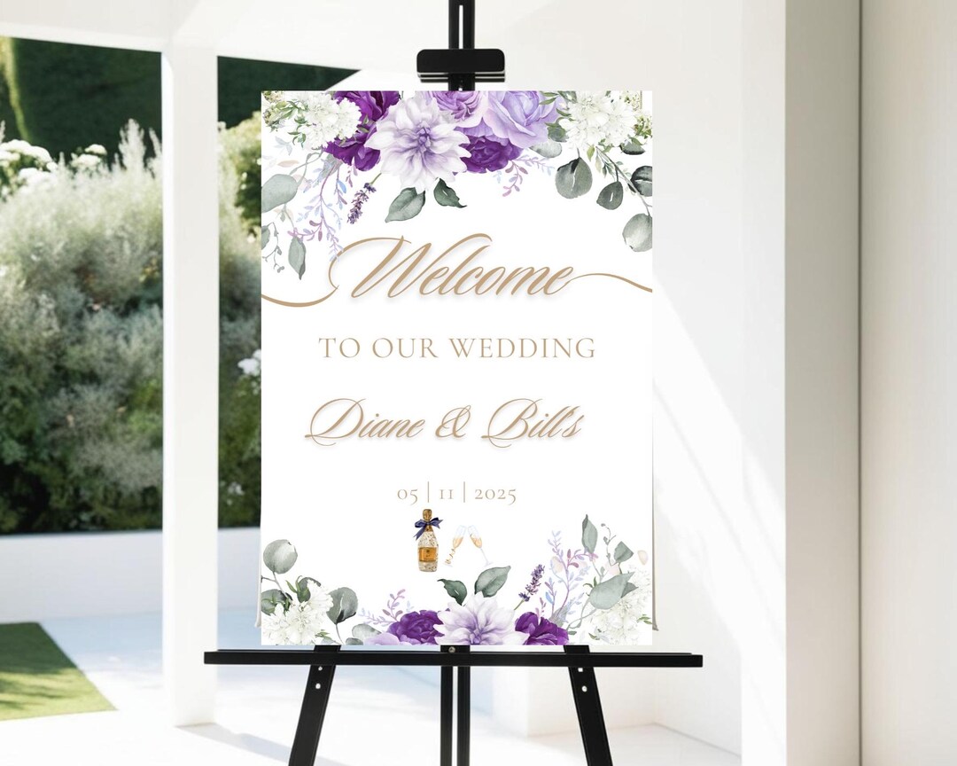 Wedding Welcome Sign, Stylish Flowing Font, Lilac Floral, Editable ...