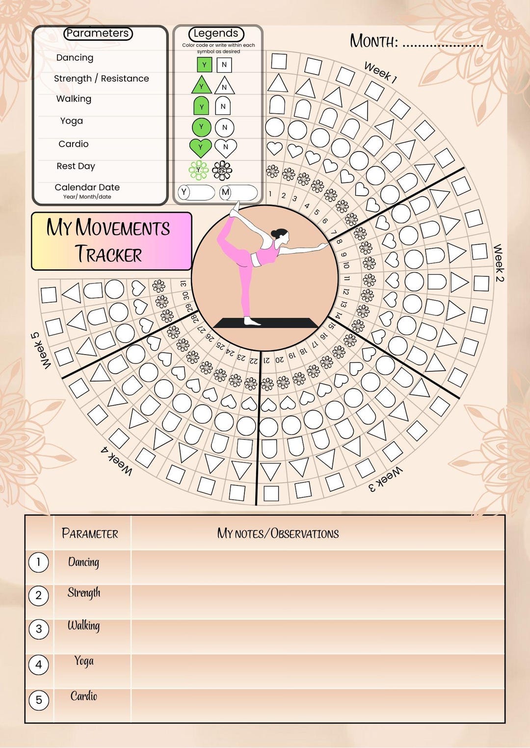 My Movements Tracker | 30-day Circular Fitness & Wellness Wheel ...