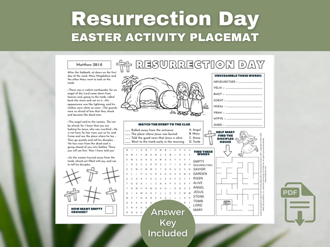 Resurrection Day Kids Easter Activity Placemat, Christian Printable ...