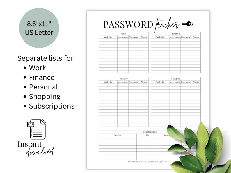 Password Tracker Printable | Password Log in Keeper Organizer | 1-page ...