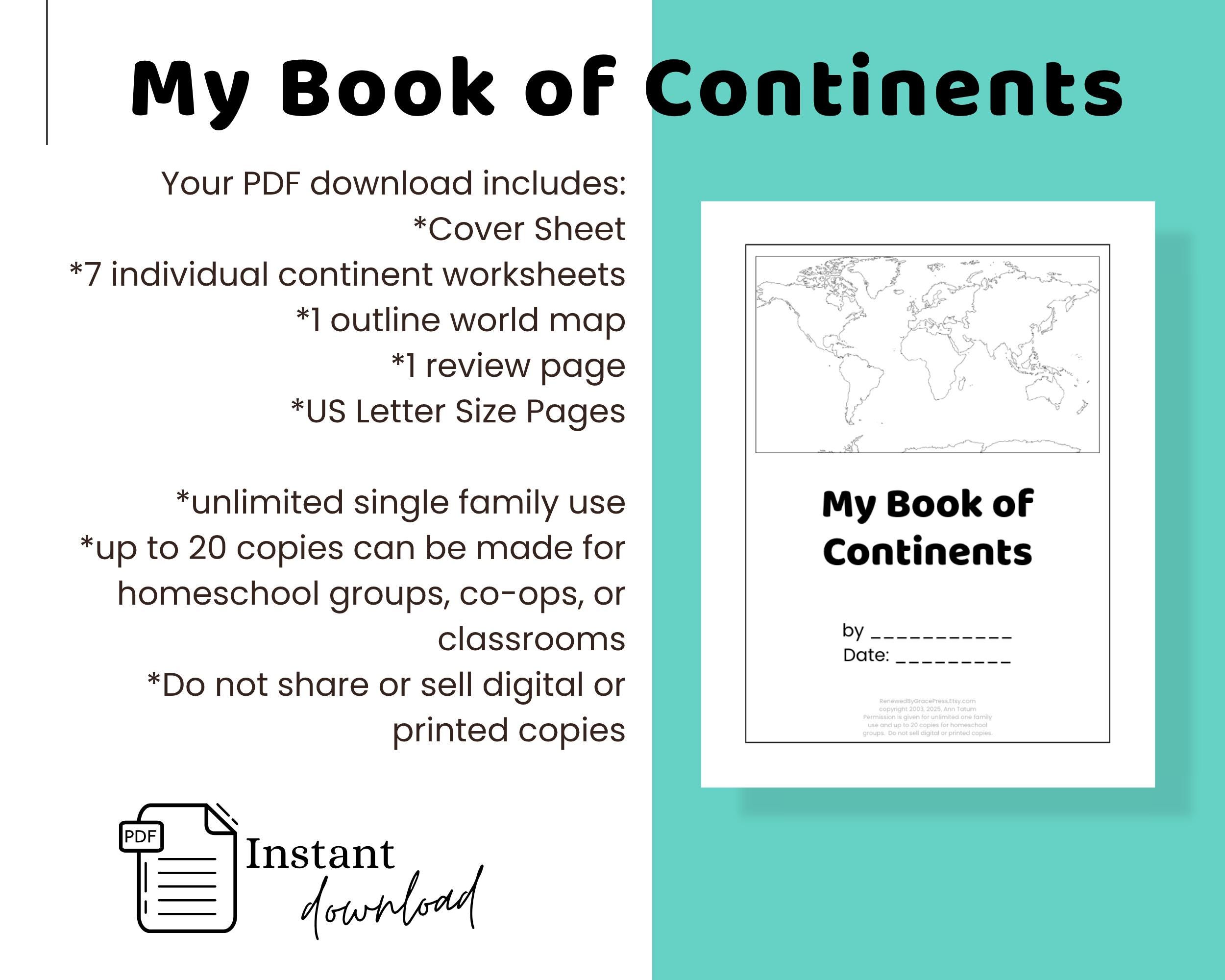 Continents Workbook for Kids Printable Geography Worksheets Homeschool ...