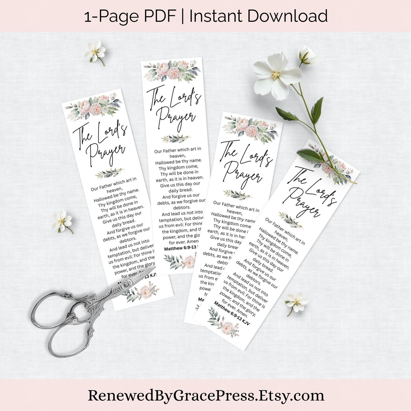 The Lords Prayer Bookmark Printable Christian Prayer Gift Bible Verse ...